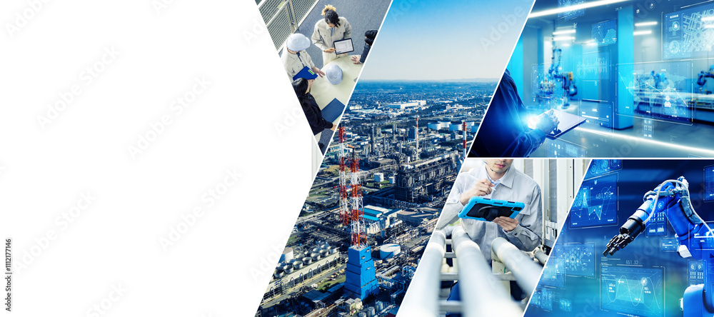 industry, factory, construction, collage, banner, advertisement ...