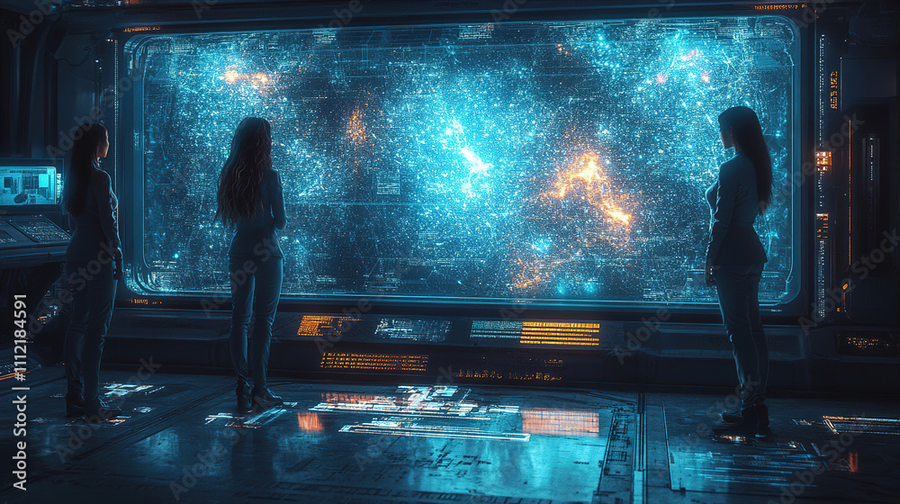 Exploring a high-tech spaceship command center with three individuals ...