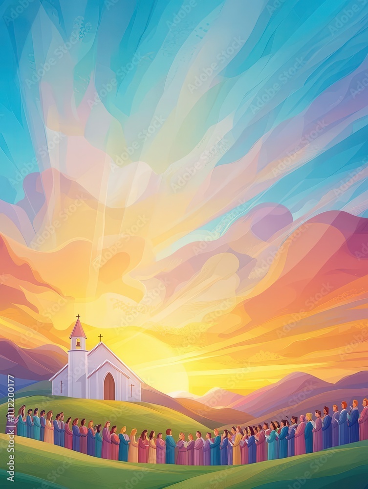 Choir singing a hymn at sunrise service, picturesque church hill ...