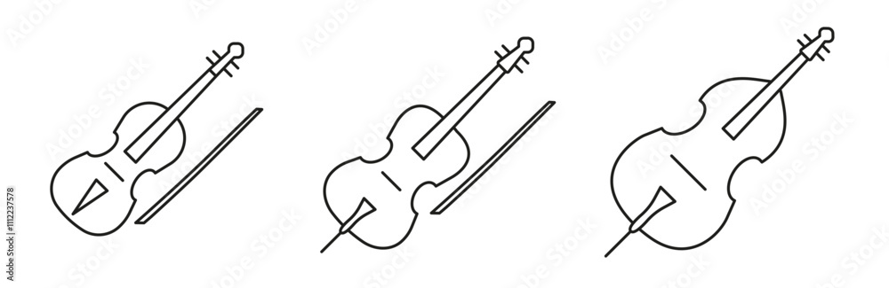 Set of symphonic string musical instruments. Set of stringed instruments with title in thin line ...