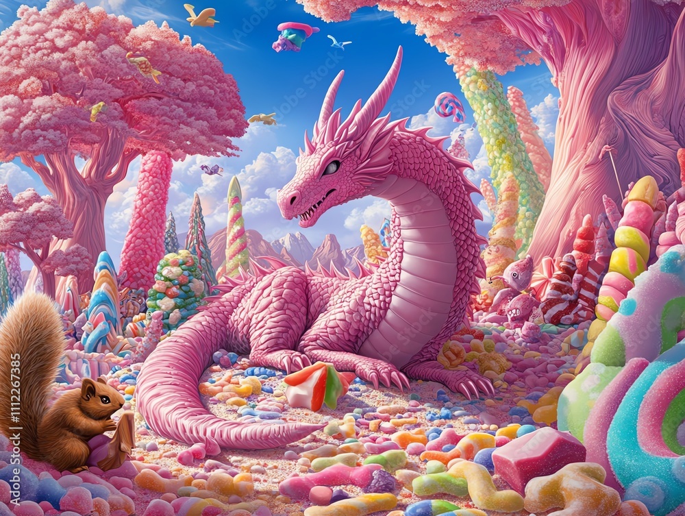 Pink dragon in a whimsical candy land. Surrounded by sweets, candy ...