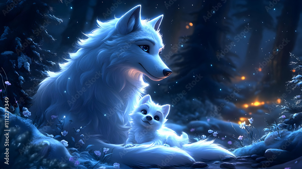 Arctic Wolves Embrace Winter's Night, Magical Scene of Family Bonds in ...