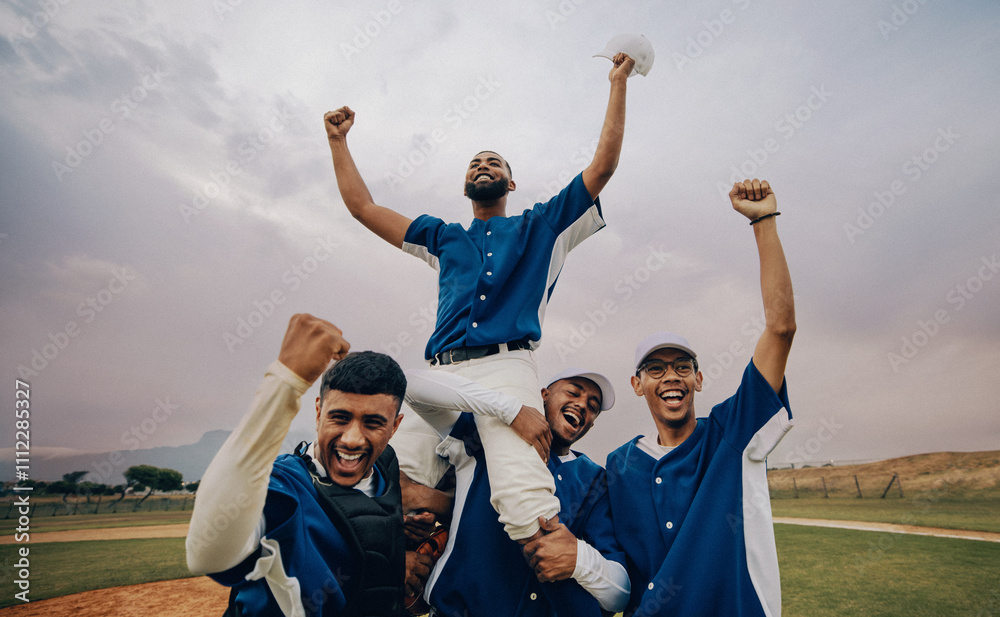 Successful baseball team celebrates victory with enthusiasm and ...