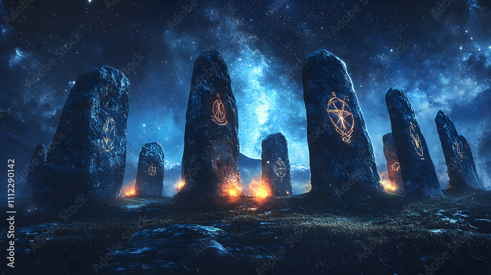Mystical and Ancient Circle of Glowing Runes: Stone Monoliths Standing ...