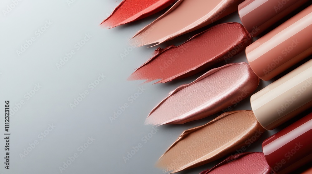 Five different shades of lipstick are smoothly spread out on a surface ...
