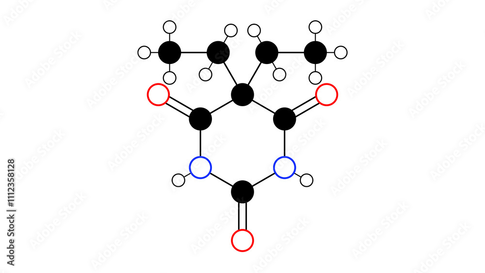 Barbital molecule, structural chemical formula, ball-and-stick model ...