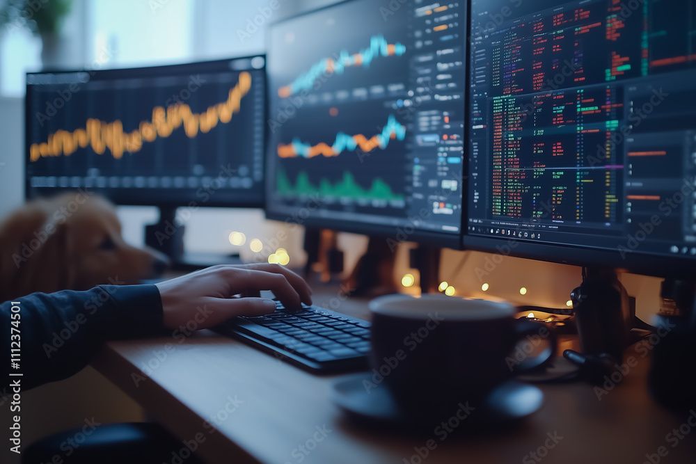 A modern trading desk setup with multiple monitors displaying data and ...