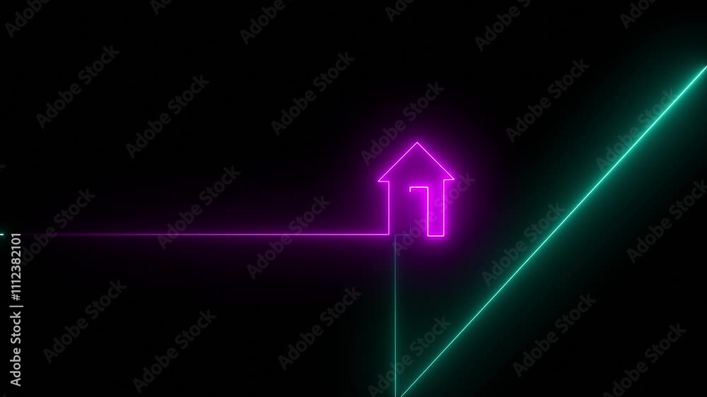 black background Home icon house sign glowing neon lights seamless loop ...
