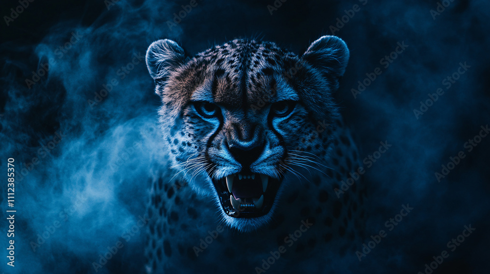 Dark background, smoke filled, close-up of cheetah, super ferocious expression with teeth ...