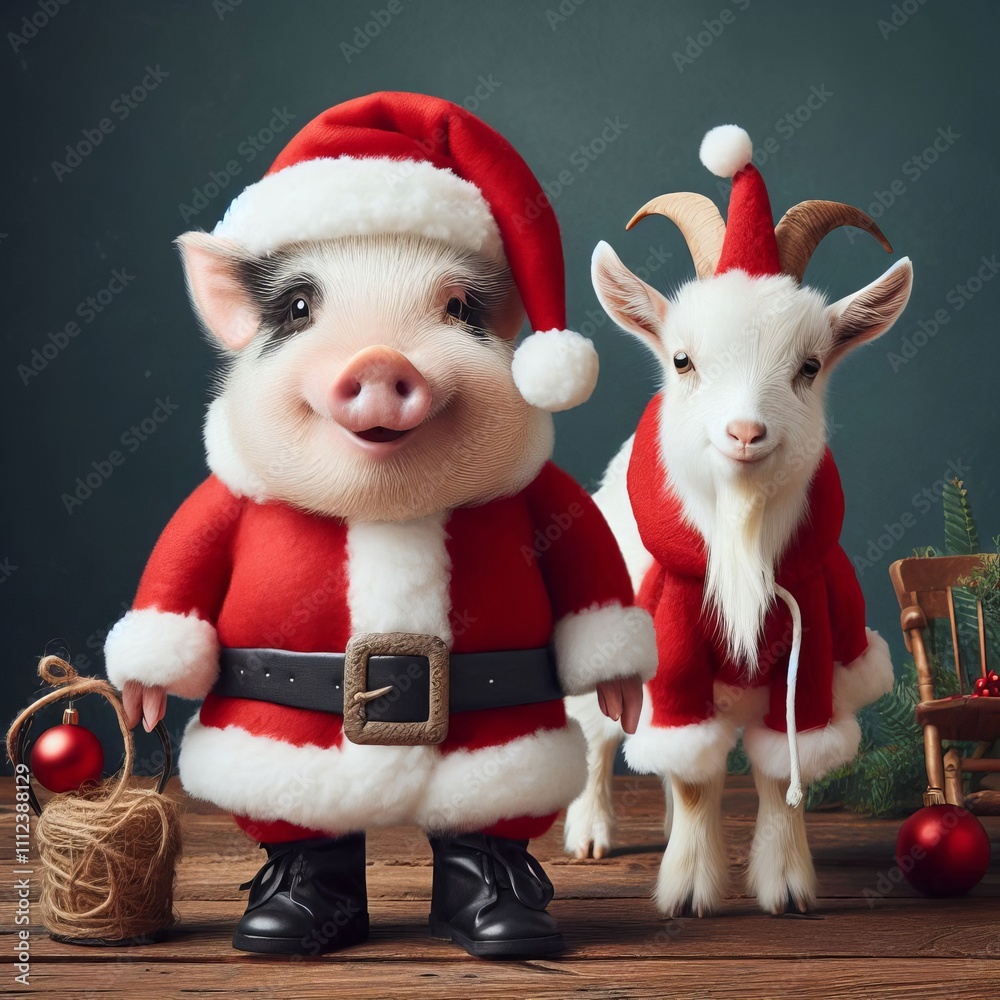 Real pig dressed as Santa Claus, wearing a red Santa hat and suit with ...