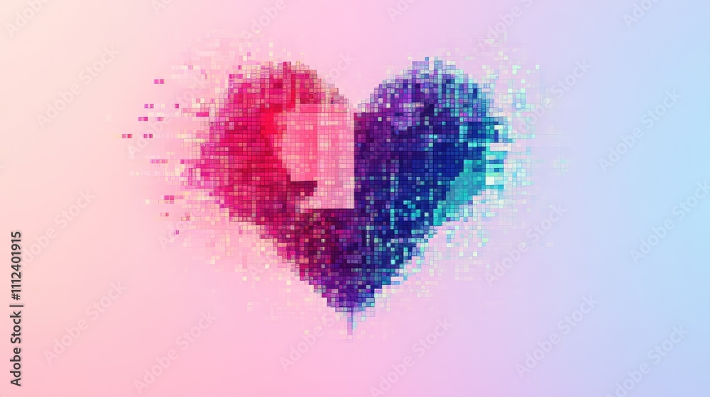 A symmetrical pixel art heart design, composed of colorful pixels ...