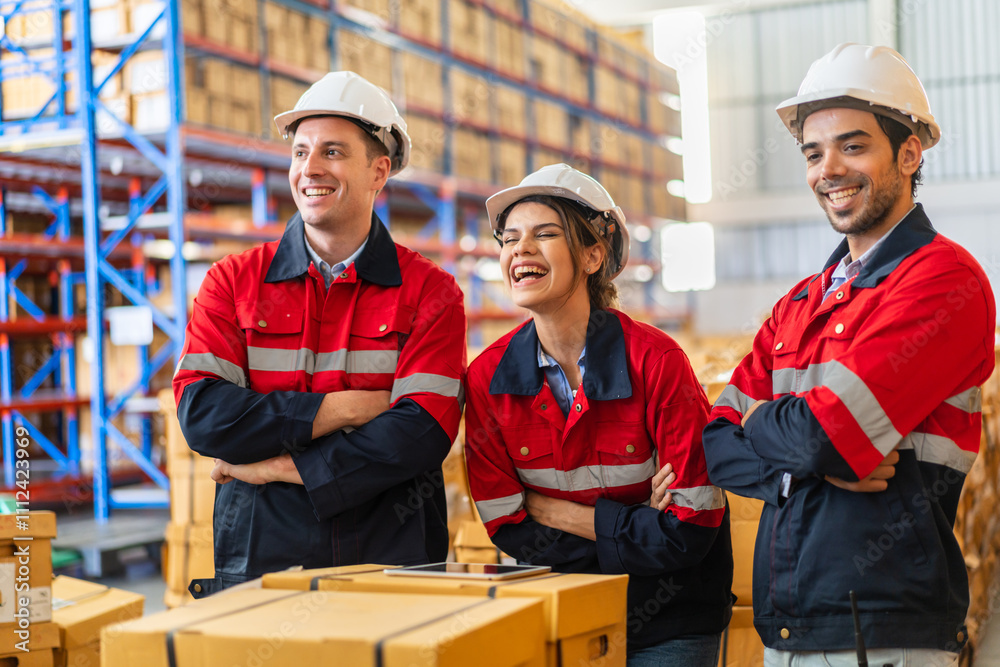 Warehouse team of industrial workers in red uniforms and safety helmets standing smiling ...