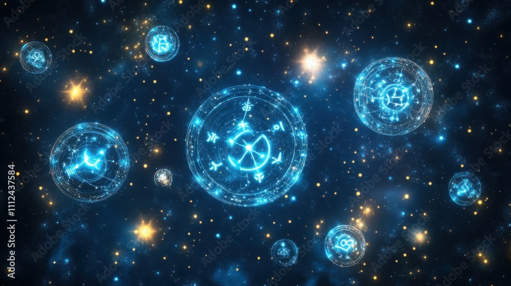 Cosmic zodiac symbols in a starry night sky for astrology and horoscope ...