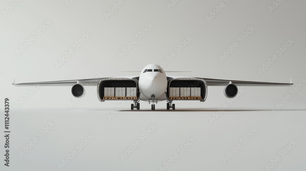 A minimalist view of a cargo aircraft with open bay doors and pallets ...