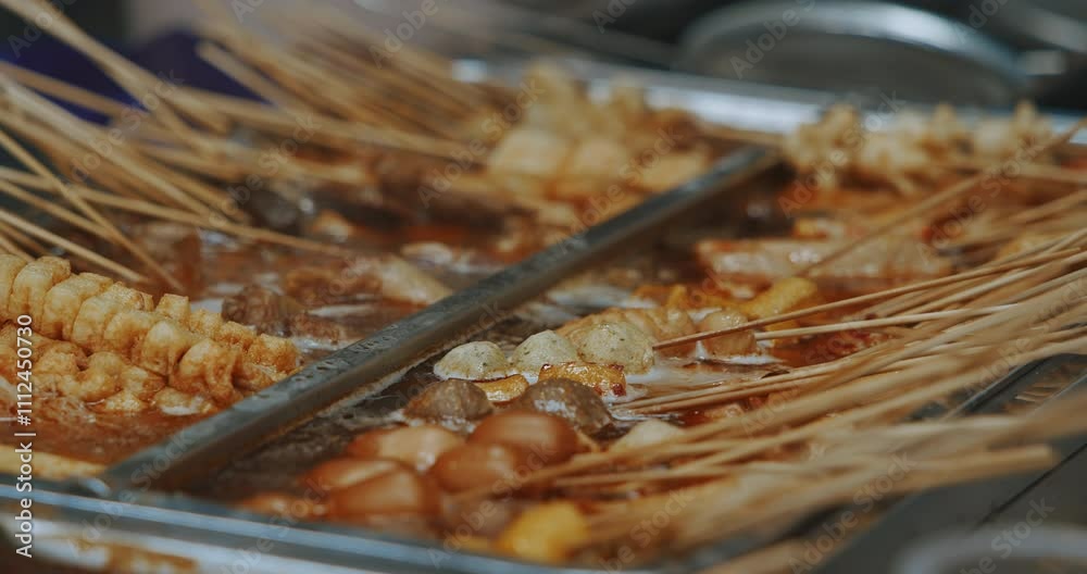 Traditional Chinese Meat Snacks On Bamboo Sticks, Close-up view. Fried ...