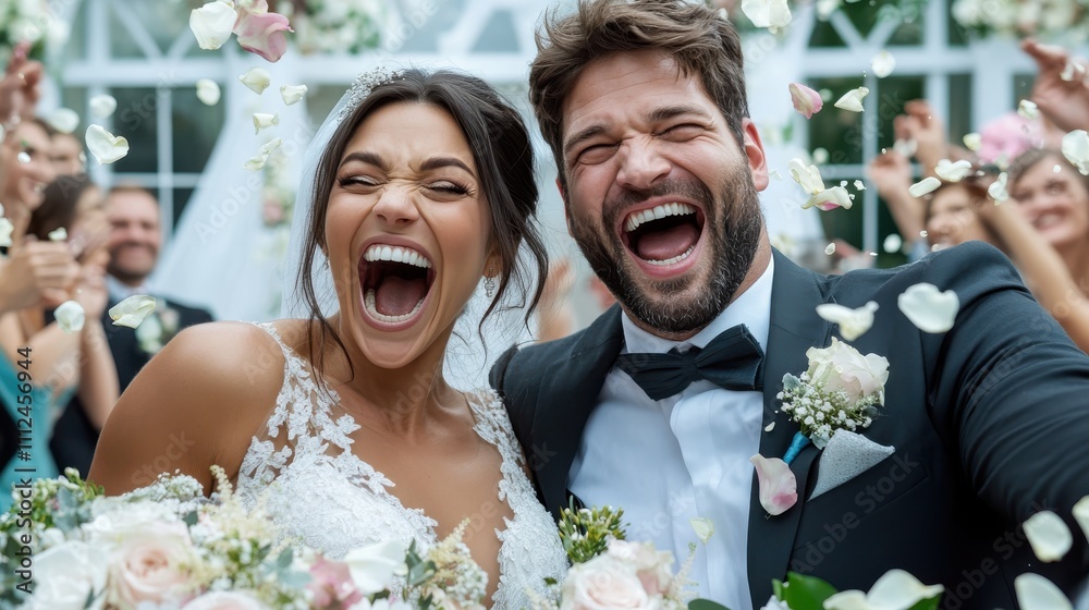An enthusiastic couple, clothed in wedding attire, are joyfully ...