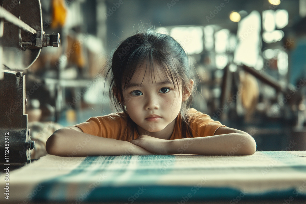 Sad Asian small girl working in textile factory. Illegal child labor ...