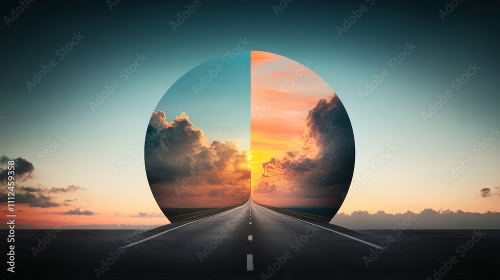 A surreal digital representation of a road, sky, and ocean morphing ...