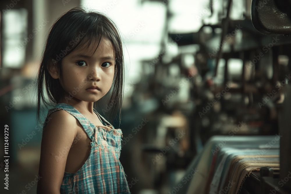Sad Asian small girl working in textile factory. Illegal child labor ...