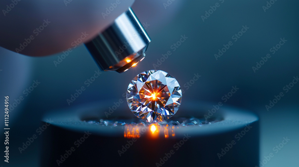 Precision laser tool inspecting a brilliant, sparkling diamond on a ...