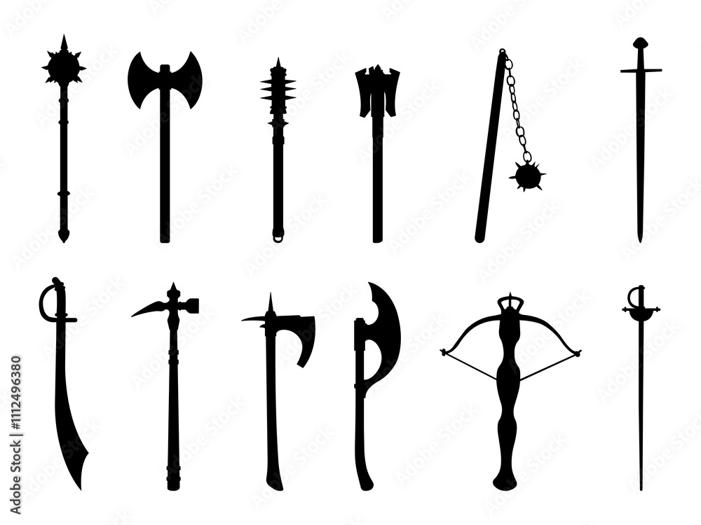 Poster Set of Medieval Weapons Silhouette in various poses isolated on ...