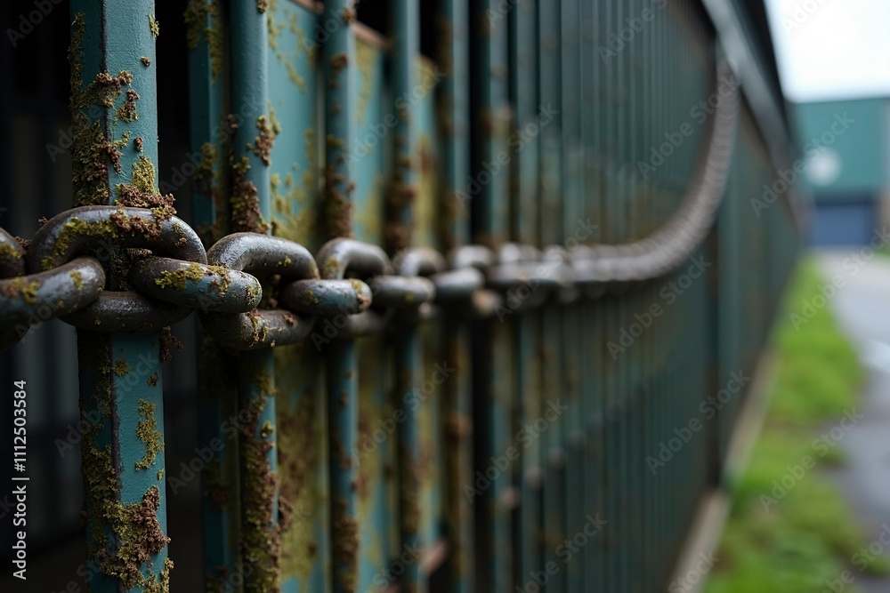 Closed factory gate with chain and padlock, symbolizing the end of an ...