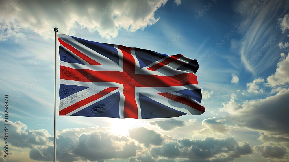 Hyper-realistic flag of the United Kingdom flapping in the wind with a ...