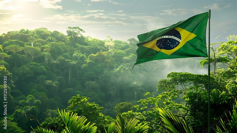 Hyper-realistic flag of Brazil flying high with a lush rainforest in ...