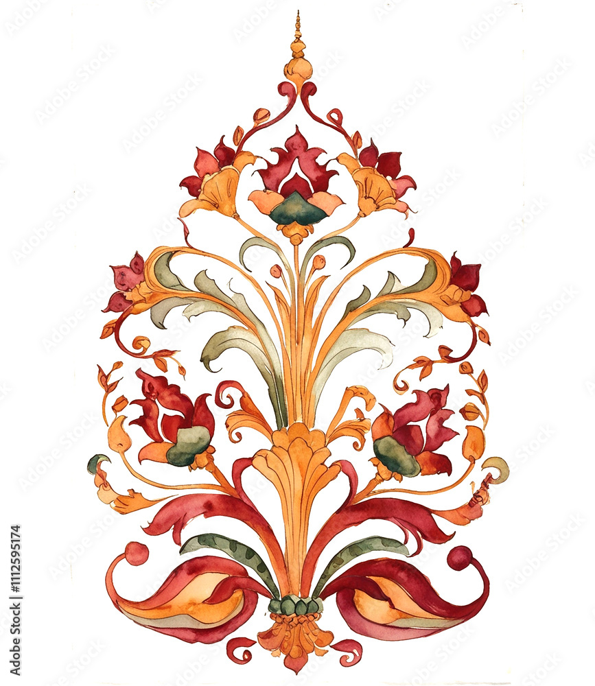 "Watercolor painting of a single, large Mughal butta (floral motif ...