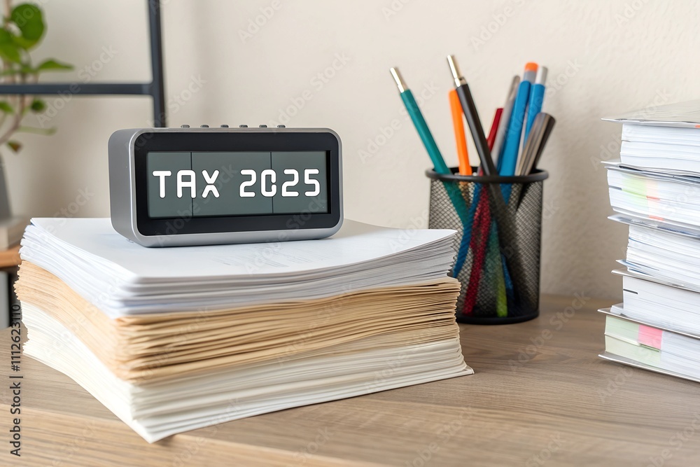 A digital clock displaying "Tax 2025" placed atop stacks of documents ...