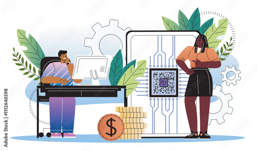 Semiconductor shortage businessman. Man and woman near microchip ...