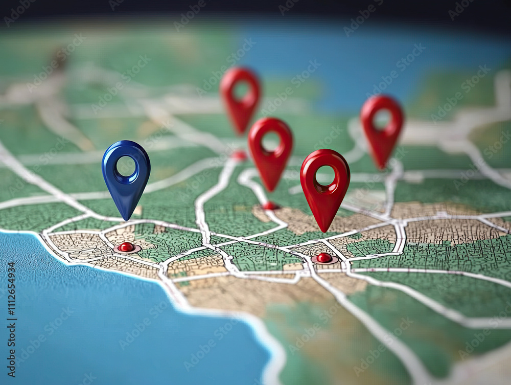 Map with location pins, red and blue markers indicating specific areas ...