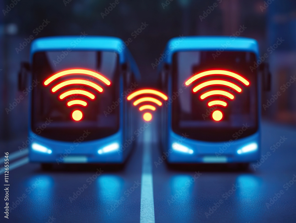 Electric buses with Wi Fi symbols illuminated at night, showcasing ...