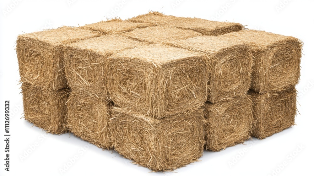 Multiple square straw bales stacked in layers on a seamless white ...