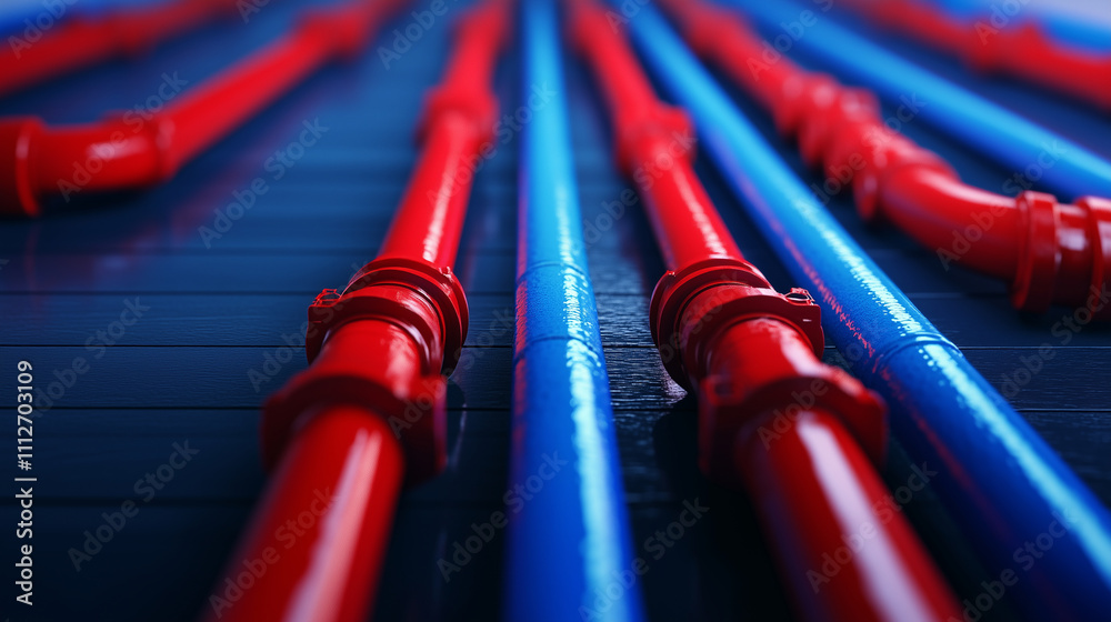 Vibrant image of red and blue hydronic pipes connected to a manifold ...