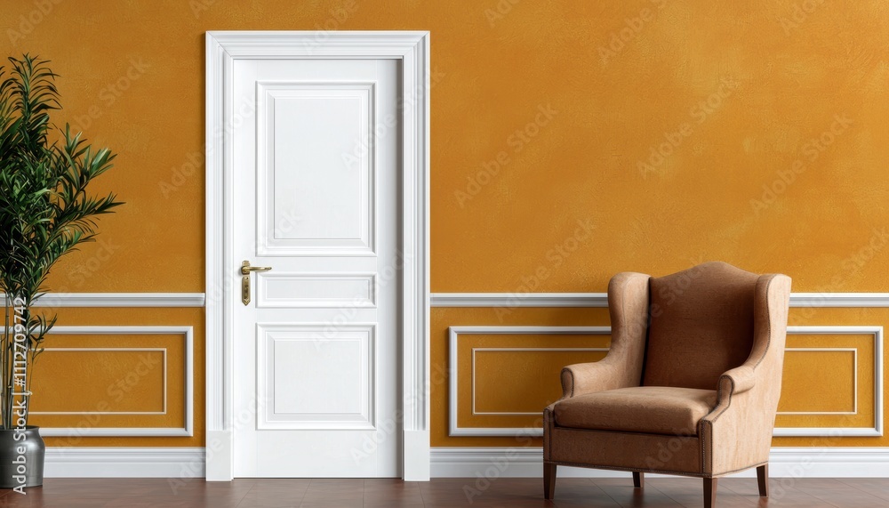 Classic white door framed by ornate wall moldings in a warm-toned room ...