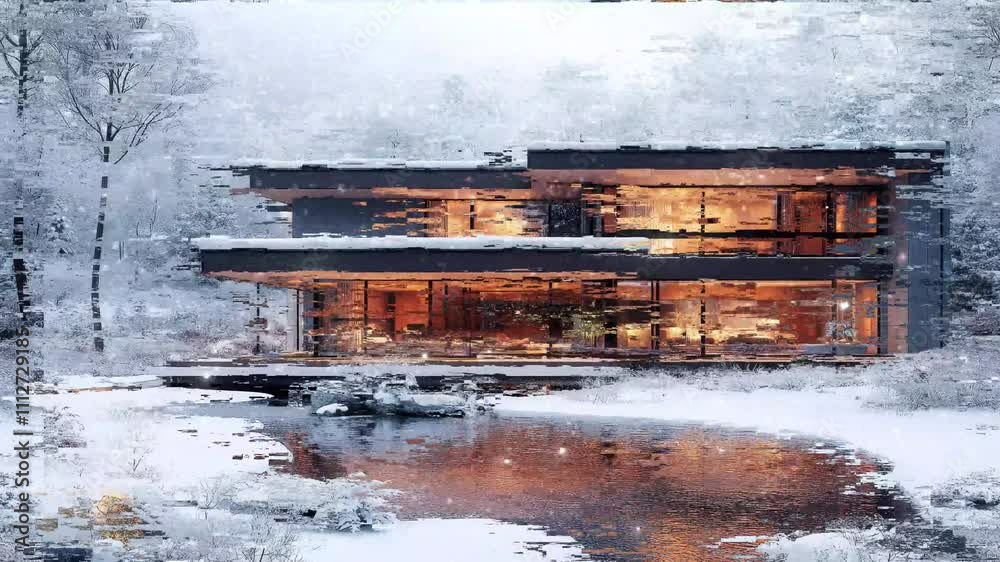 Stylish modern home with glowing interiors nestled in a snowy forest ...