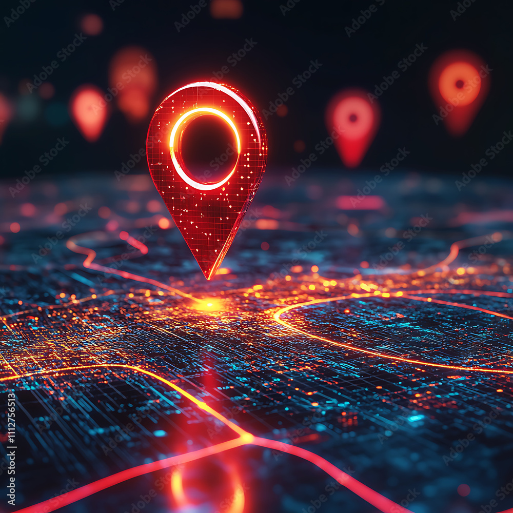High-Tech Location Marker on a Futuristic City Map. A vibrant, glowing ...