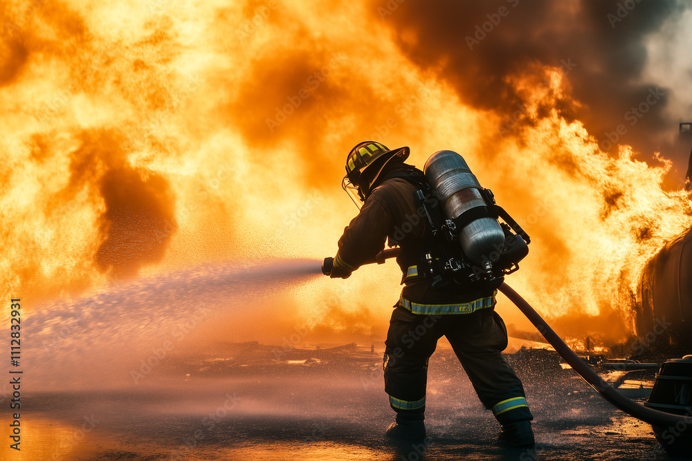 Side view of a firefighter equipped with a fireproof suit and oxygen ...