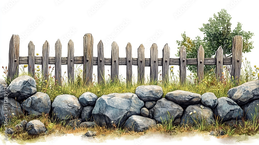 stone wall painted green grass element and wooden picket fence a ...