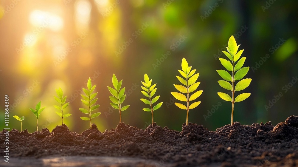 Growth stages of a plant highlighted by sunlight in a natural setting ...