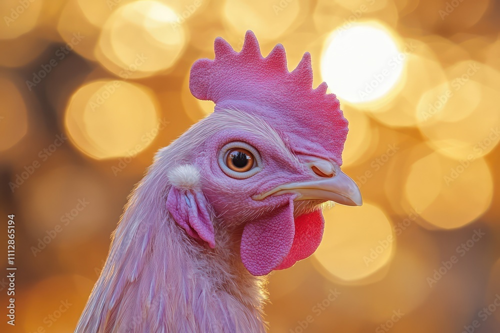 The head of a Crested Polish Chicken with a soft lilac crest, gentle ...