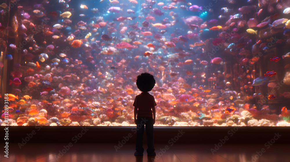 Boy Facing a Large Aquarium Full of Colourful Fish, Captivated by the ...