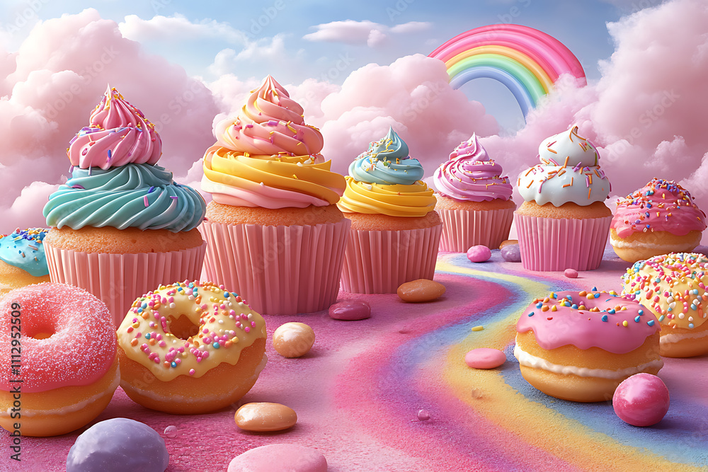 Candy-land fantasy with cupcakes, rainbow doughnuts, and candies, set ...