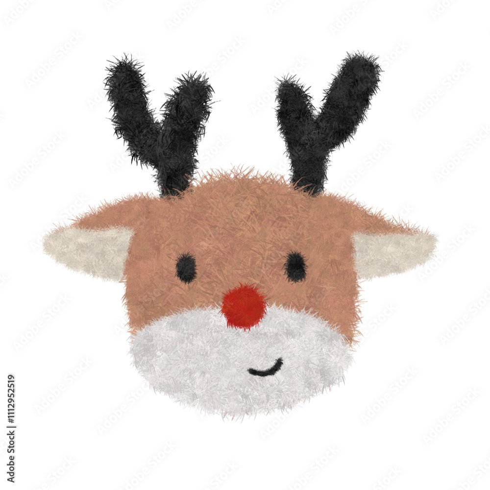 Adorable illustration of a reindeer's face with fuzzy antlers, a red ...