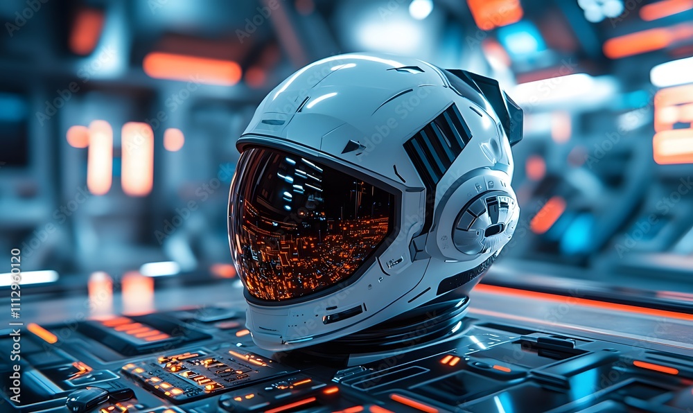 A close-up of an astronaut helmet on a control table in a space station ...