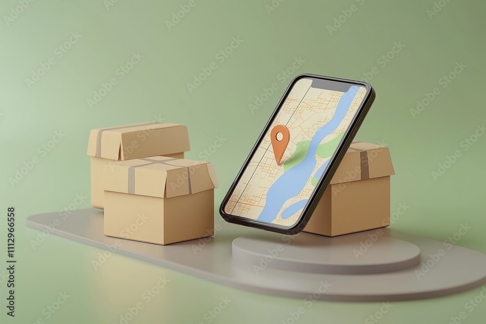 Smartphone shows location map for delivery boxes. Modern logistics tech ...