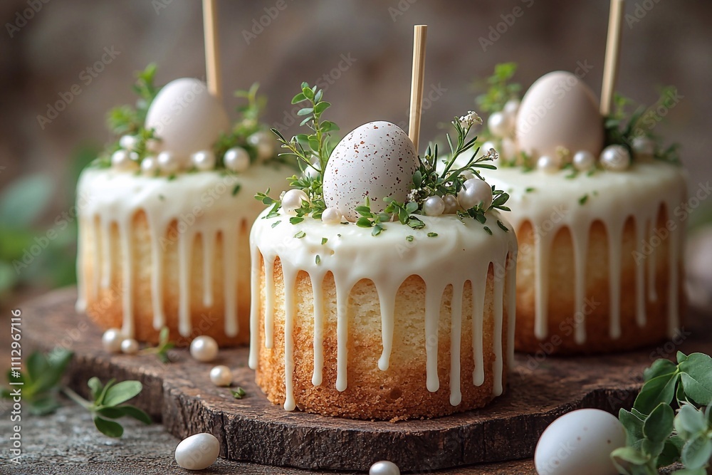 Three Easter cakes with a white glaze and greenery on top, small quail ...