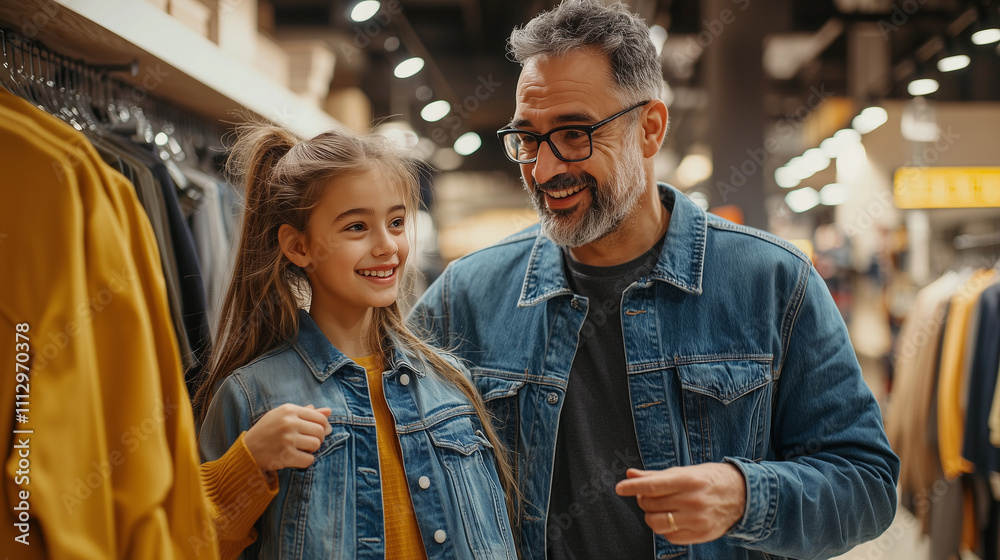A father and his teenage daughter stand in a casual clothing section of ...
