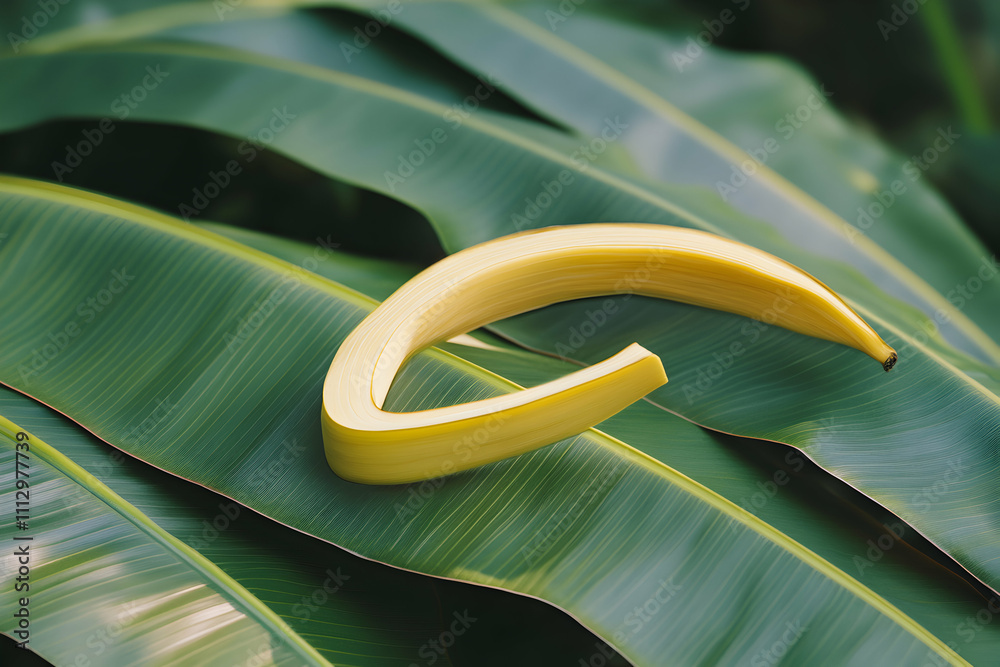 A peeled banana in a C-shape rests on vibrant green banana leaves ...